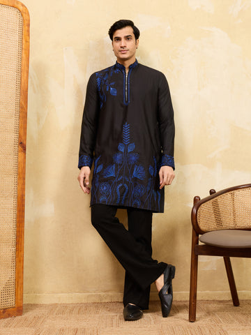 Magic Black Khadi Silk Kurta for Men with Blue Thread Work – TULIP DESIGNER