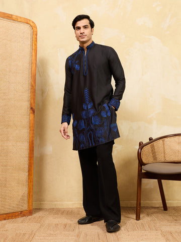 Magic Black Khadi Silk Kurta for Men with Blue Thread Work – TULIP DESIGNER